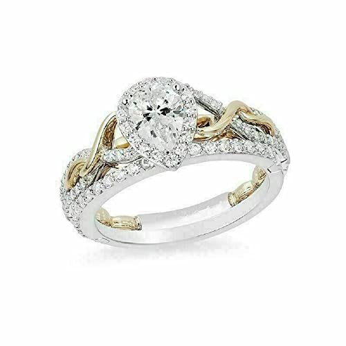 14K Two-tone Gold Over Pear & Round Cut White Diamond Enchanted Engagement Bridal Ring Set In 925 Sterling Silver for Women's