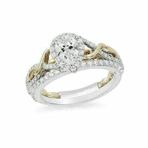 14k two-tone gold over pear & round cut white diamond enchanted engagement bridal ring set in 925 sterling silver for women's