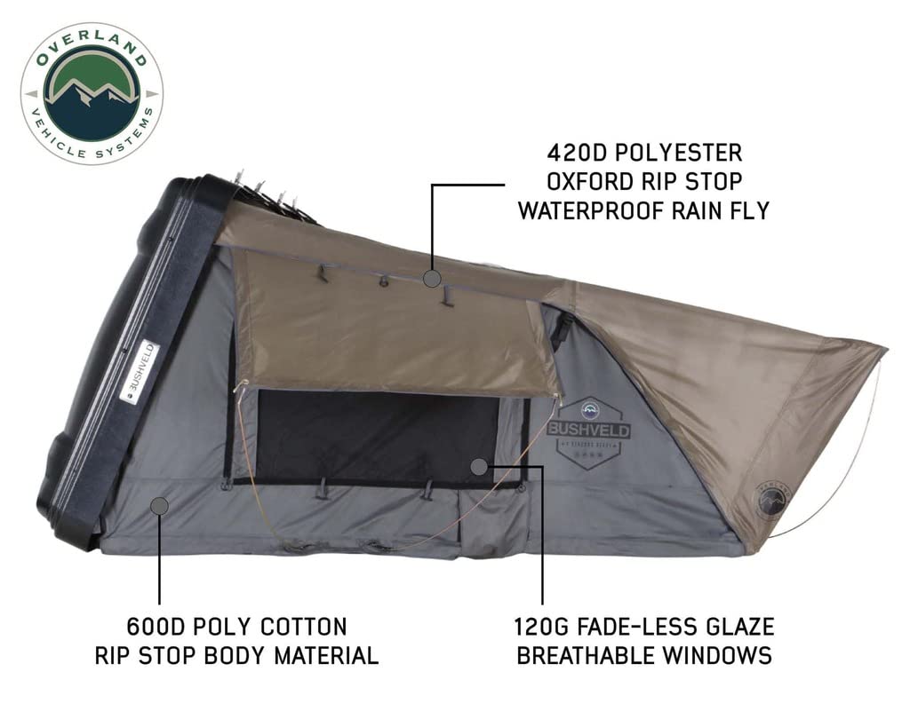 Overland Vehicle Systems Bushveld II Hard Shell Clam Shell Roof Top Tent with Aluminum Base Dark Grey Body and Green Rainfly - 2 Person Tent - Four Seasons Ready