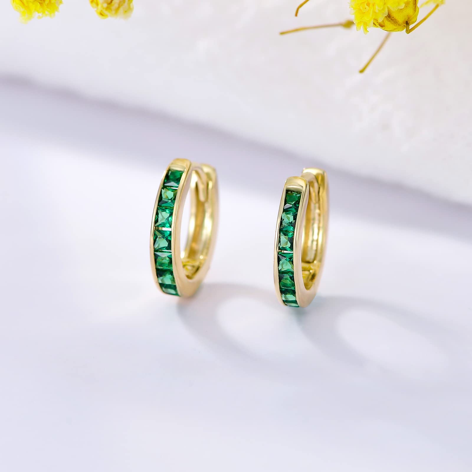 14K Gold Emerald Hoop Earrings, Solid Yellow Gold Created Emerald Green Hinged Hoops, St. Patricks Day Jewelry Birthstone Earrings for Women Ladies Her Mom, 11.5mm Diameters