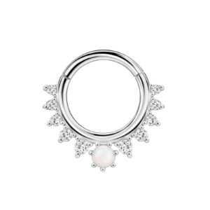 FANSING White Opal Septum Rings for Women 16 Gauge Septum Clicker Surgical Steel Septum Piercing Rings 16g Septum Jewelry 8mm Spike Septum Hoop with Clear CZ