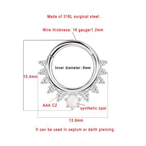 FANSING White Opal Septum Rings for Women 16 Gauge Septum Clicker Surgical Steel Septum Piercing Rings 16g Septum Jewelry 8mm Spike Septum Hoop with Clear CZ