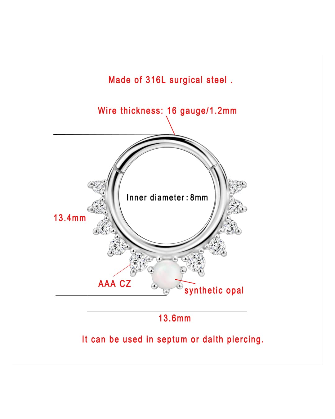 FANSING White Opal Septum Rings for Women 16 Gauge Septum Clicker Surgical Steel Septum Piercing Rings 16g Septum Jewelry 8mm Spike Septum Hoop with Clear CZ