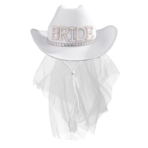 mgupzao cowboy hat and veil bachelorette party,white cowgirl hat wedding bridal shower decoration,bride to be gift,country-western novelty