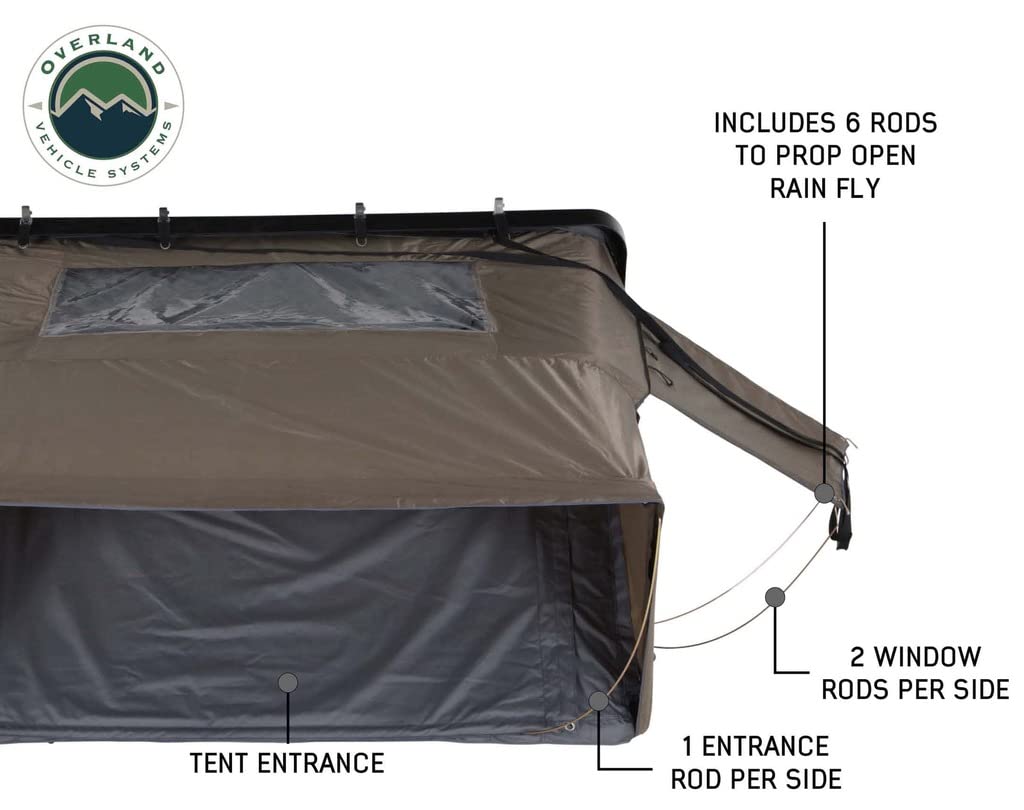 Overland Vehicle Systems Bushveld II Hard Shell Clam Shell Roof Top Tent with Aluminum Base Dark Grey Body and Green Rainfly - 2 Person Tent - Four Seasons Ready