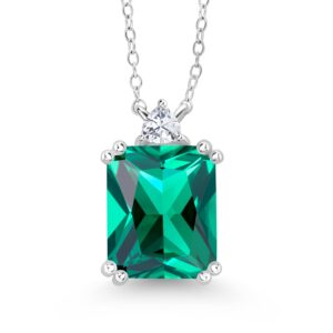 gem stone king 925 sterling silver gemstone birthstone and white moissanite pendant necklace for women | emerald cut 12x10mm | trillion 3.5mm | with 18 inch chain