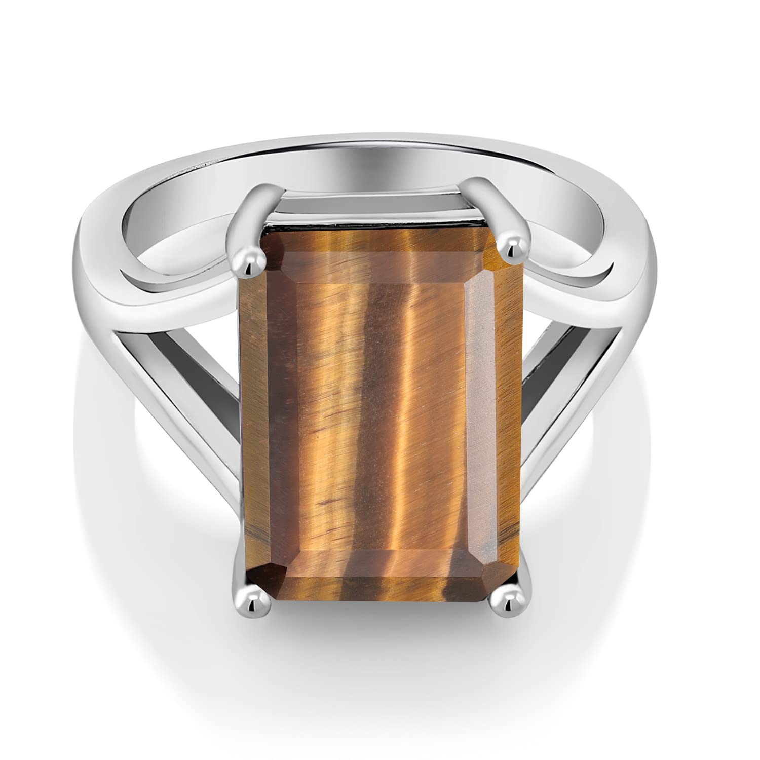 Gem Stone King 6.50 Cttw Brown Tiger Eye Ring For Women In 925 Sterling Silver | Emerald Cut 14X10MM | Available In Size 5, 6, 7, 8, 9