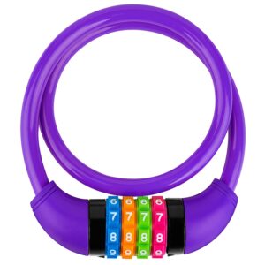 idealux bike lock cable, bicycle cable lock with 4 digit combination & large lock head, resettable kids bike cable lock, 2 ft x ∅1/2 in, lock for bike, scooter, skateboard, motorcycle, e bike (purple)