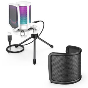 fifine usb gaming microphone with pop filter bundle, pc streaming mic with quick mute kit, rgb recording podcasting condenser mic for youtube, video, studio (a6w+u1)