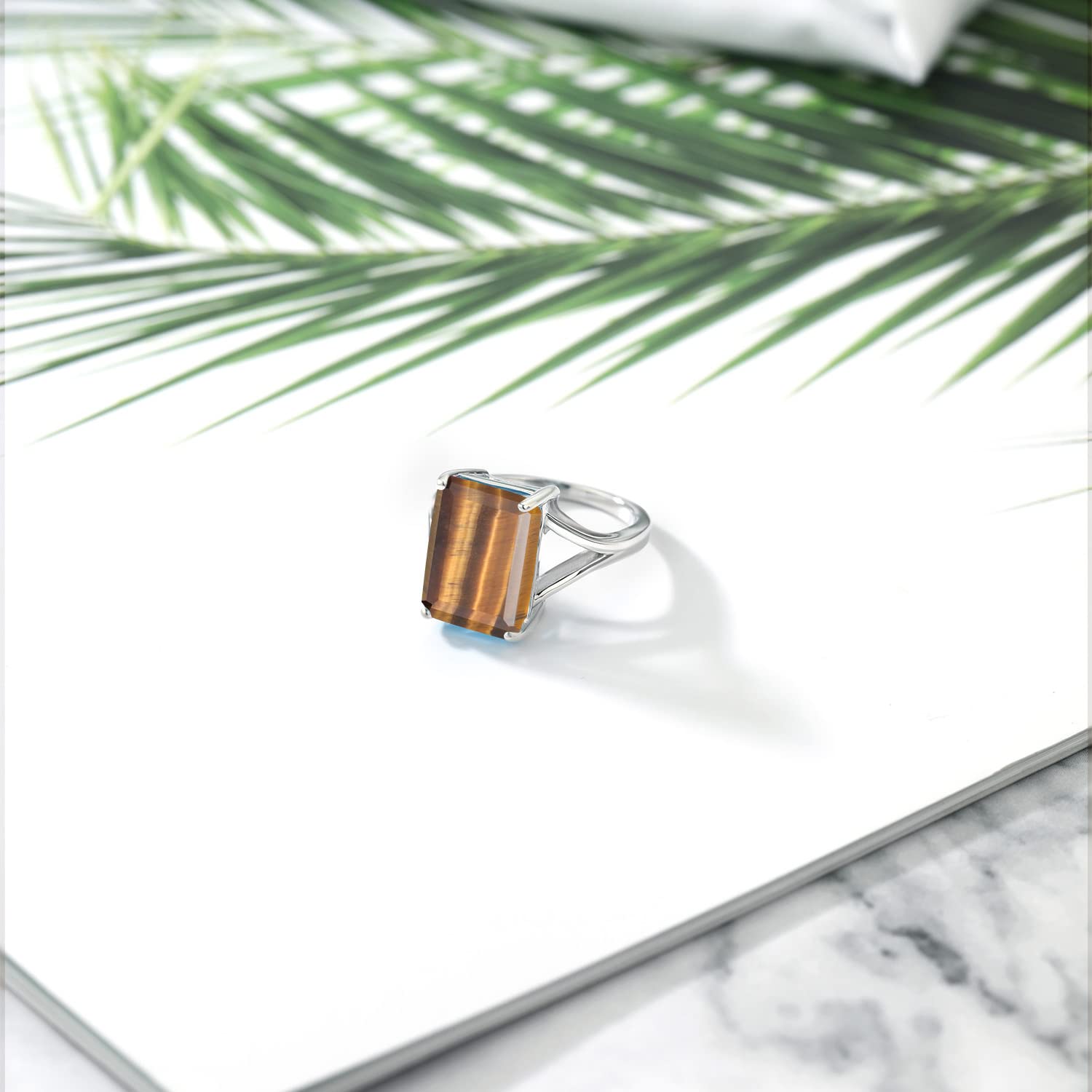 Gem Stone King 6.50 Cttw Brown Tiger Eye Ring For Women In 925 Sterling Silver | Emerald Cut 14X10MM | Available In Size 5, 6, 7, 8, 9