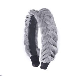 vowyore Hairband, Wide Fishtail Braid Headband With Teeth, Handmade, Synthetic Fiber, Matte Finish, 1 Count (Pack of 1), Women's & Girls' Classic Chunky Braided Hair Accessory, Grey