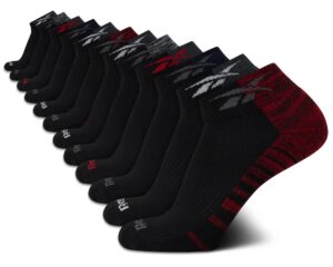 reebok men's quarter socks - 12 pack performance cushion comfort socks - breathable athletic ankle socks for men (6-12.5), size 6-12.5, red/black