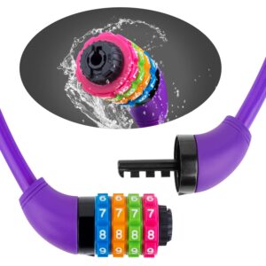 IDEALUX Bike Lock Cable, Bicycle Cable Lock with 4 Digit Combination & Large Lock Head, Resettable Kids Bike Cable Lock, 2 Ft x ∅1/2 IN, Lock for Bike, Scooter, Skateboard, motorcycle, E Bike (Purple)