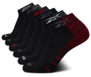 reebok men’s quarter socks – 6 pack cushion quarter cut ankle socks for men - breathable men's athletic socks (size: 6-12.5), size 6-12.5, red/black