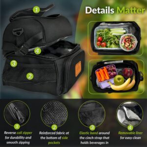 Bright Line Eating 12-Can Insulated Cooler Bag – Black PEVA Foam Lining Lunch Bag – Soft Cooler Bag w/Pockets & Mesh Shoulder Strap – Travel Cooler Bag w/Double-Deck Compartments for Camping & Beach