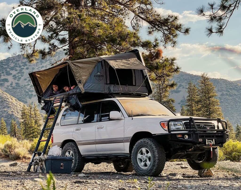 Overland Vehicle Systems Bushveld II Hard Shell Clam Shell Roof Top Tent with Aluminum Base Dark Grey Body and Green Rainfly - 2 Person Tent - Four Seasons Ready