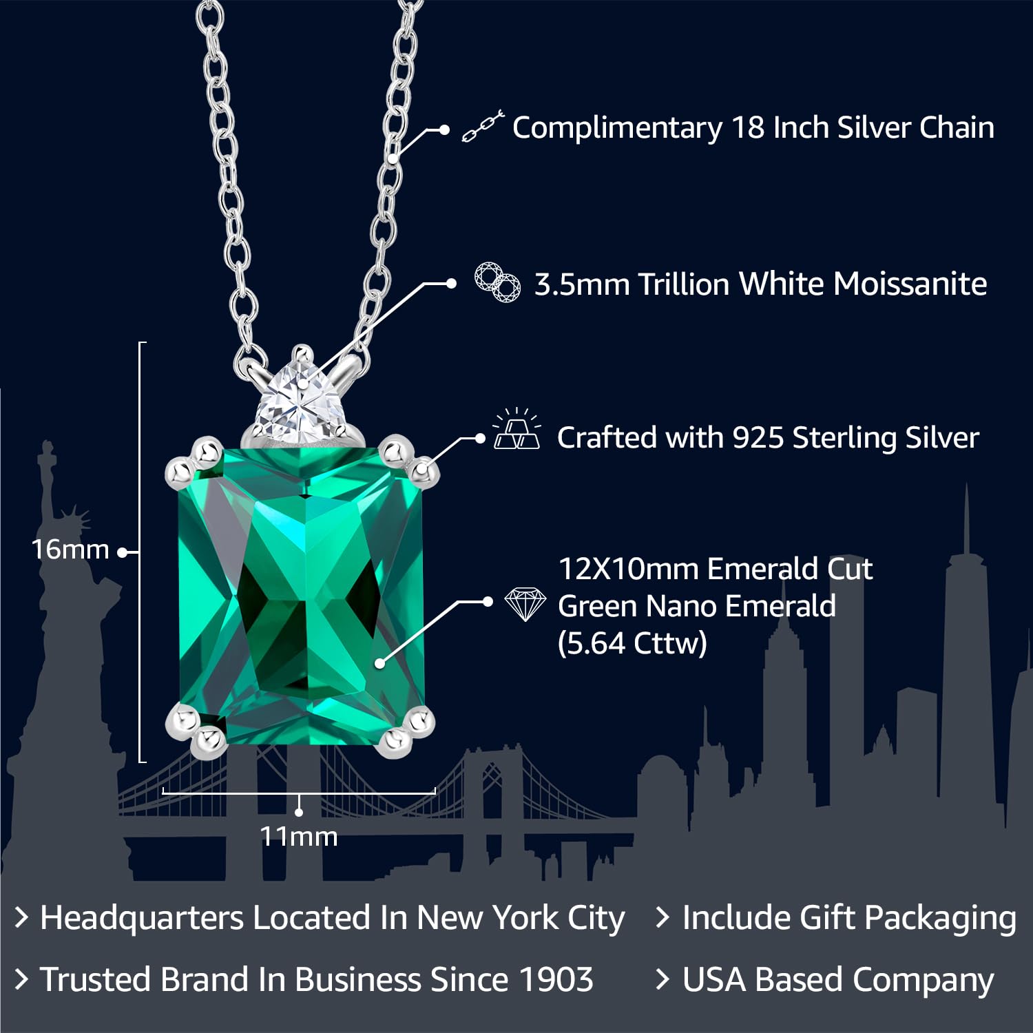 Gem Stone King 925 Sterling Silver Gemstone Birthstone and White Moissanite Pendant Necklace For Women | Emerald Cut 12X10MM | Trillion 3.5MM | with 18 Inch Chain