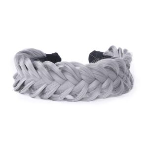 vowyore hairband, wide fishtail braid headband with teeth, handmade, synthetic fiber, matte finish, 1 count (pack of 1), women's & girls' classic chunky braided hair accessory, grey