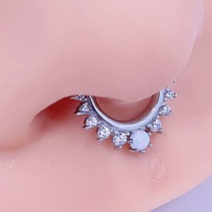 FANSING White Opal Septum Rings for Women 16 Gauge Septum Clicker Surgical Steel Septum Piercing Rings 16g Septum Jewelry 8mm Spike Septum Hoop with Clear CZ