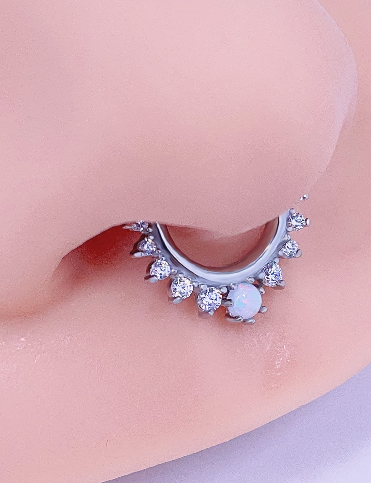 FANSING White Opal Septum Rings for Women 16 Gauge Septum Clicker Surgical Steel Septum Piercing Rings 16g Septum Jewelry 8mm Spike Septum Hoop with Clear CZ