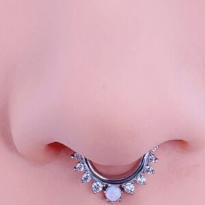 FANSING White Opal Septum Rings for Women 16 Gauge Septum Clicker Surgical Steel Septum Piercing Rings 16g Septum Jewelry 8mm Spike Septum Hoop with Clear CZ