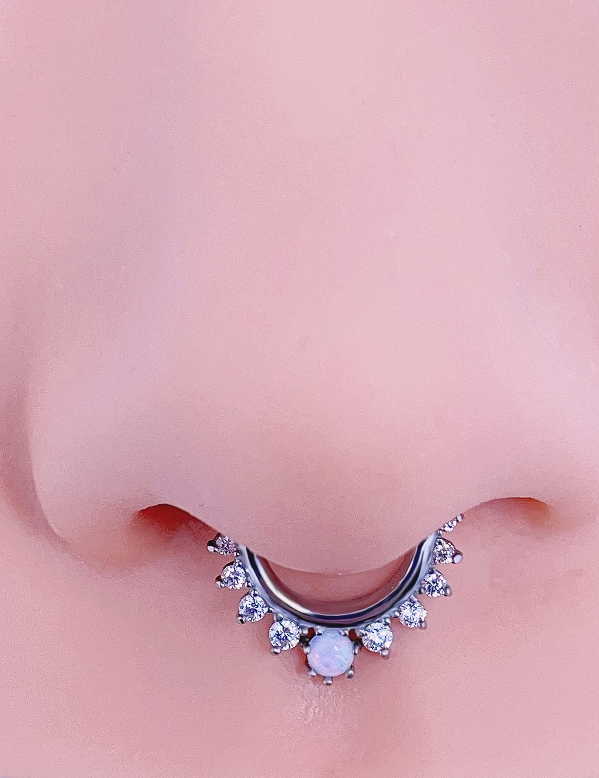 FANSING White Opal Septum Rings for Women 16 Gauge Septum Clicker Surgical Steel Septum Piercing Rings 16g Septum Jewelry 8mm Spike Septum Hoop with Clear CZ