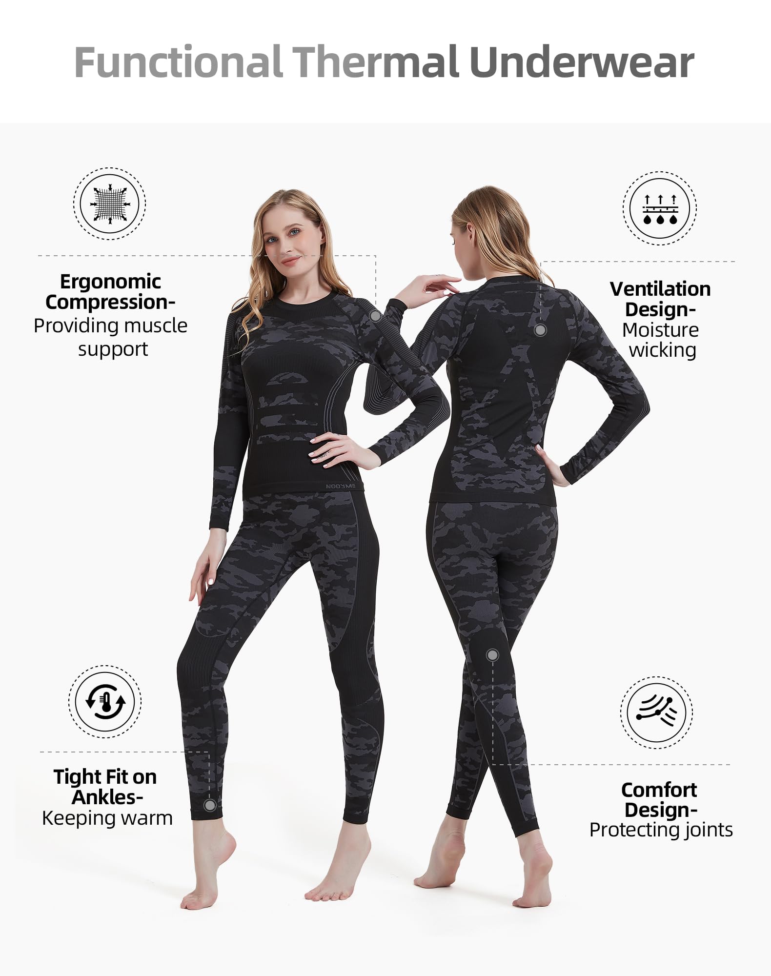 NOOYME Thermal Underwear for Women Base Layer Women Cold Weather,Long Johns for Women Black-camouflage