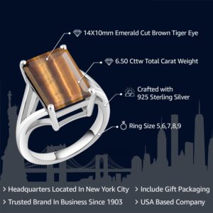 Gem Stone King 6.50 Cttw Brown Tiger Eye Ring For Women In 925 Sterling Silver | Emerald Cut 14X10MM | Available In Size 5, 6, 7, 8, 9