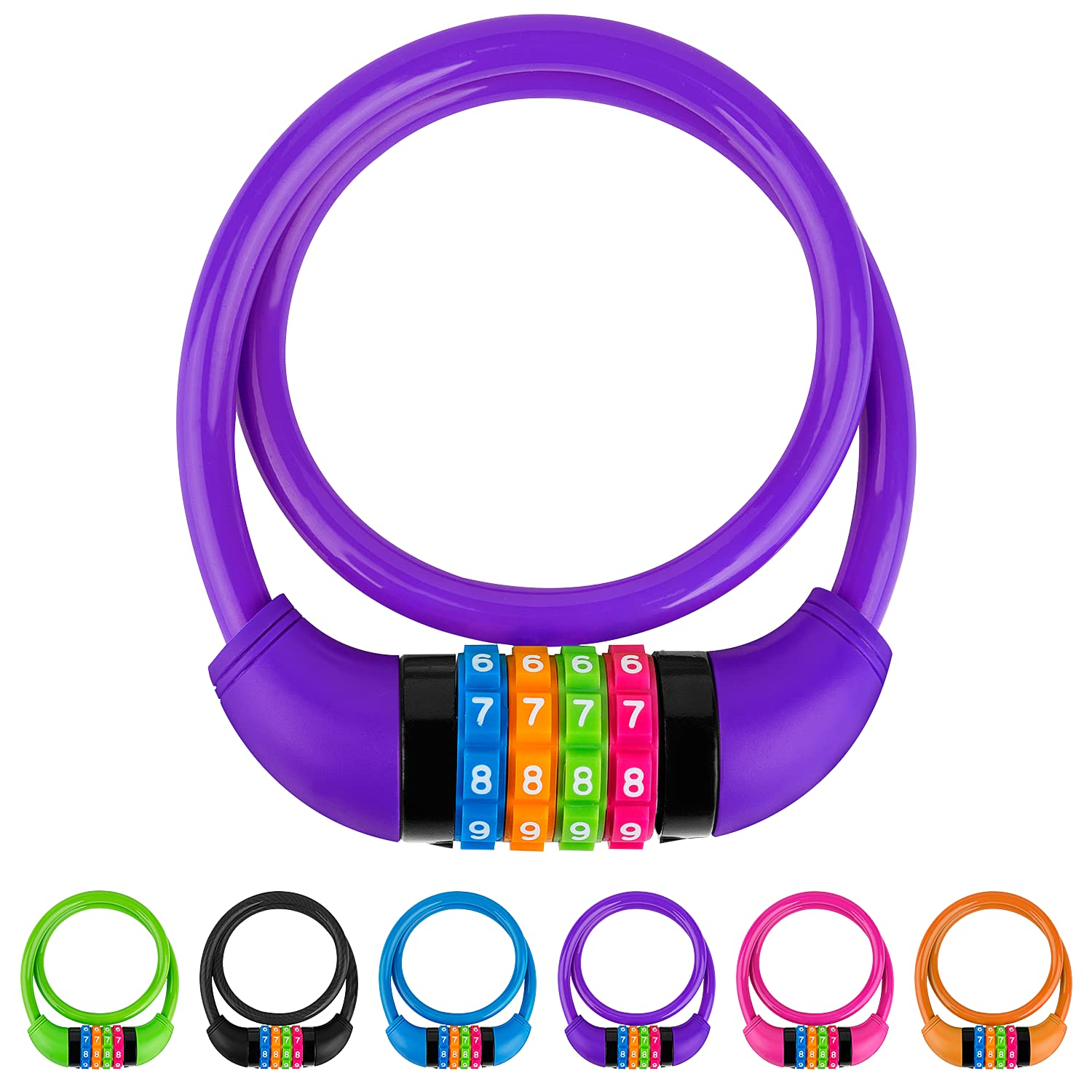 IDEALUX Bike Lock Cable, Bicycle Cable Lock with 4 Digit Combination & Large Lock Head, Resettable Kids Bike Cable Lock, 2 Ft x ∅1/2 IN, Lock for Bike, Scooter, Skateboard, motorcycle, E Bike (Purple)