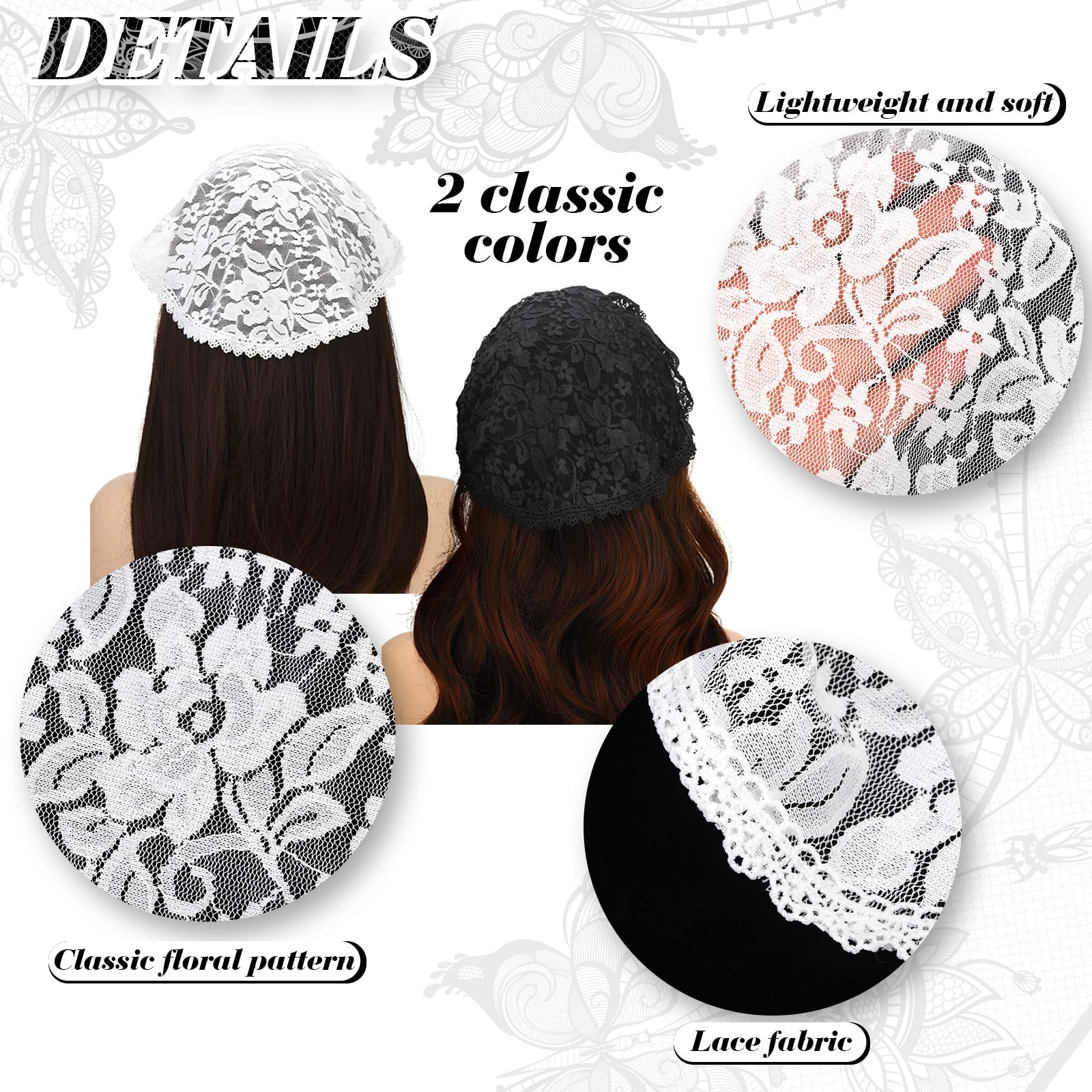 JenPen 2 Pcs Lace Embroidery Head Coverings for Women Flowers Lace Chapel Cap Veils for Church Veil Headpiece Circle Round Floral Lace Mantilla, Black, White, about 28 cm/ 11.02 inches in diameter