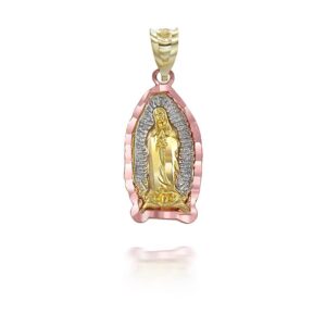 dainty 10k tri-color white, rose, and yellow gold 5/6" our lady of guadalupe immaculate conception catholic pendant