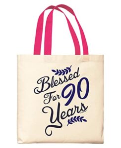 90th birthday decorations for women blessed for 90 years pink handle canvas tote bag