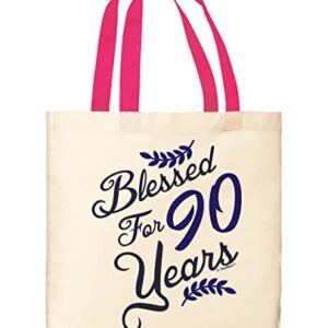 90th Birthday Decorations For Women Blessed For 90 Years Pink Handle Canvas Tote Bag