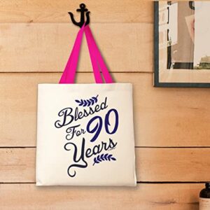 90th Birthday Decorations For Women Blessed For 90 Years Pink Handle Canvas Tote Bag