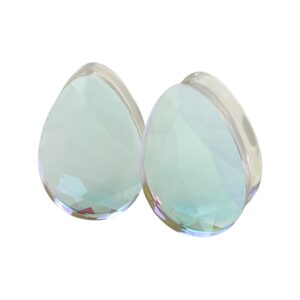 pair of aurora borealis iridescent faceted teardrop glass plugs (pg-554) (1/2" (12mm))