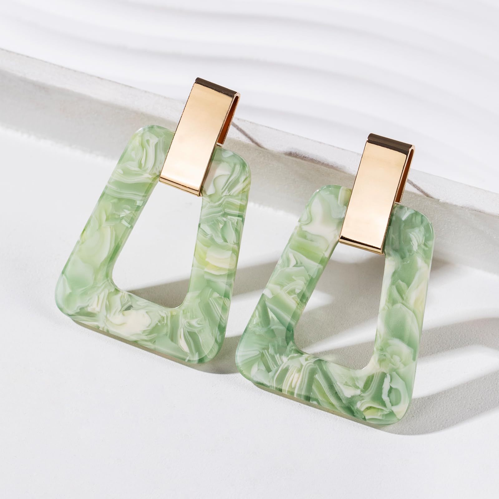 Acrylic Geometric Statement Earrings - Mottled Resin Lightweight Dangle Earrings for Party or Vacation (GREEN)