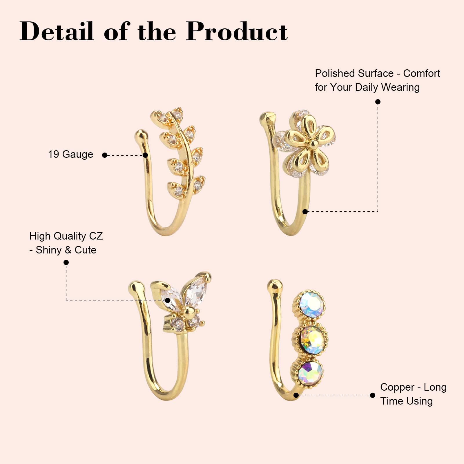 CrazyPiercing 18Pcs Fake Nose Ring CZ African Nose Cuffs Gold Faux Septum Nose Rings Clip on Nose Jewelry for Woman Non Pierced Jewelry(18P)