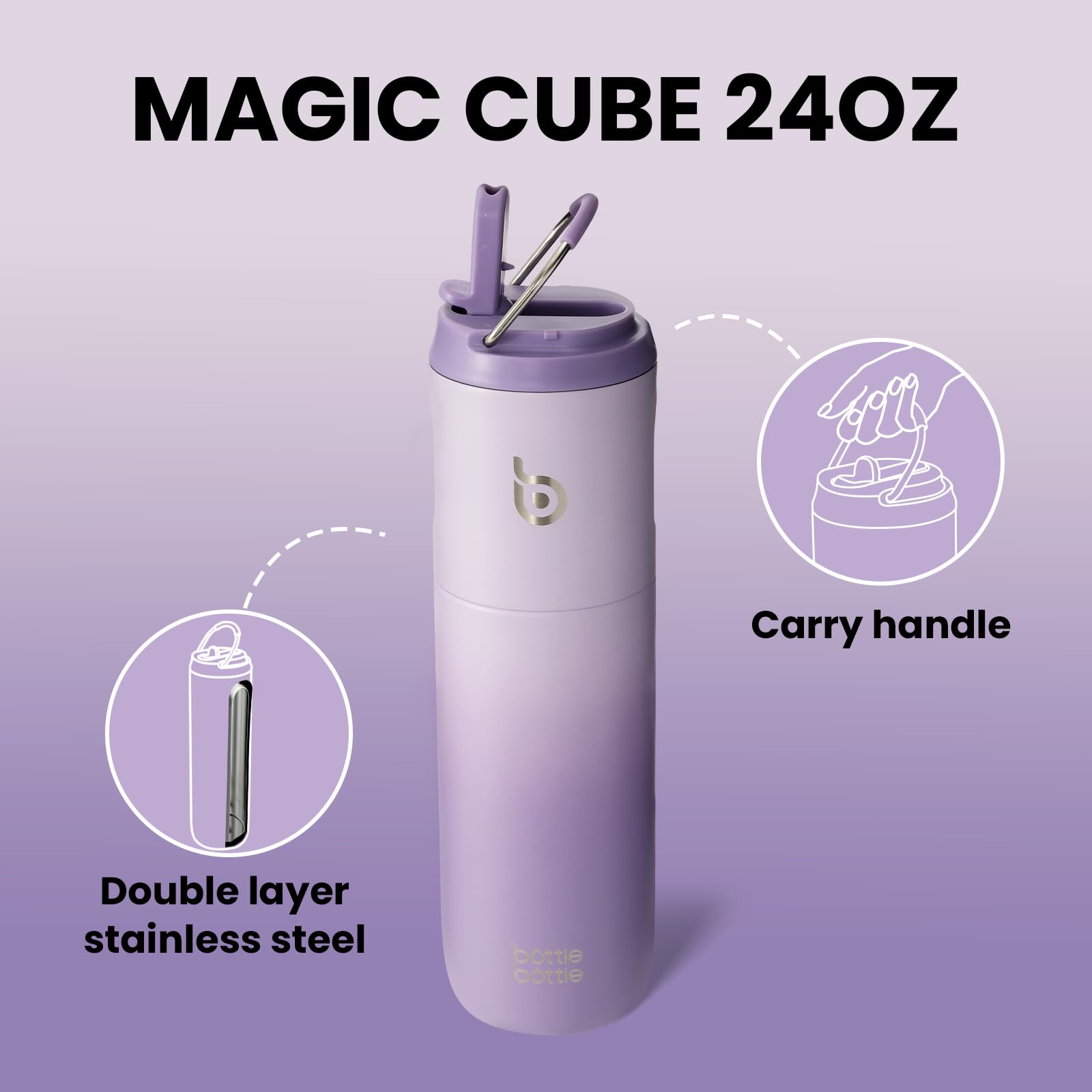 BOTTLE BOTTLE Insulated Water Bottle 24oz with Straw Lid and Handle for Sports Travel Gym Stainless Steel Water Bottles Double-Wall Vacuum Metal Thermos Bottles Leak Proof BPA-Free (purple gradient)