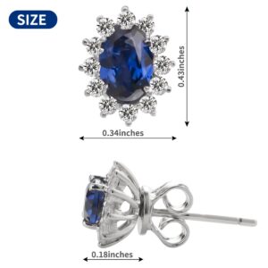 925 Sterling Silver With 1.5 Carats Created Sapphire Ruby Amethyst Aquamarine Stud Earrings Princess Diana Halo Style For Anniversary Wedding Birthday(Royal Blue Sapphire)