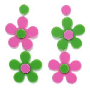 y2k acrylic large flower drop earrings,big double flower petals dangle earring resin daisy flower for women party accessories (green pink)