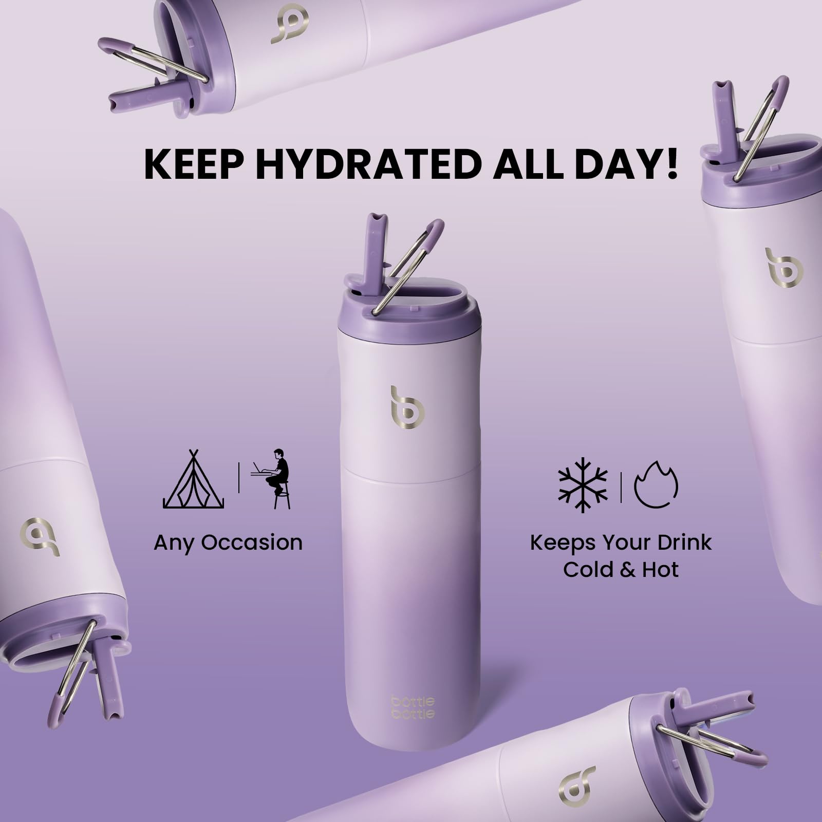 BOTTLE BOTTLE Insulated Water Bottle 24oz with Straw Lid and Handle for Sports Travel Gym Stainless Steel Water Bottles Double-Wall Vacuum Metal Thermos Bottles Leak Proof BPA-Free (purple gradient)