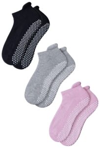 rative anti slip non skid barre yoga pilates hospital ankle socks with grips for adults men women (small, 3-pairs/black+grey+pink)