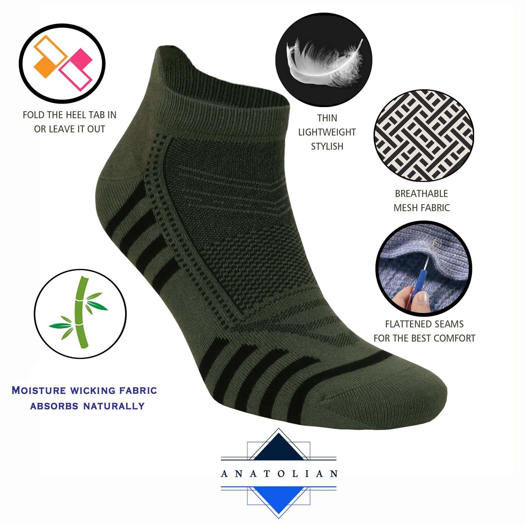 Ankle Socks with back Heel Tab for Men Low Cut Cool Comfort Fit Athletic Performance 6 pair pack (Army Green)