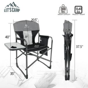 LET'S CAMP Oversized Folding Director Chair Outdoor Camping Chair with Side Table and Pocket for Picnic, Hiking, Fishing, Heavy Duty Supports 300 LBS