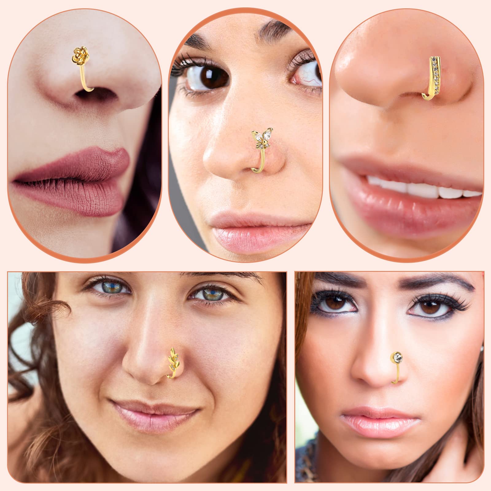 CrazyPiercing 18Pcs Fake Nose Ring CZ African Nose Cuffs Gold Faux Septum Nose Rings Clip on Nose Jewelry for Woman Non Pierced Jewelry(18P)