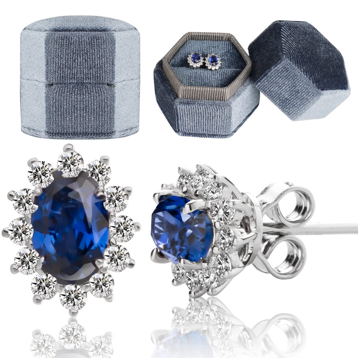 925 Sterling Silver With 1.5 Carats Created Sapphire Ruby Amethyst Aquamarine Stud Earrings Princess Diana Halo Style For Anniversary Wedding Birthday(Royal Blue Sapphire)