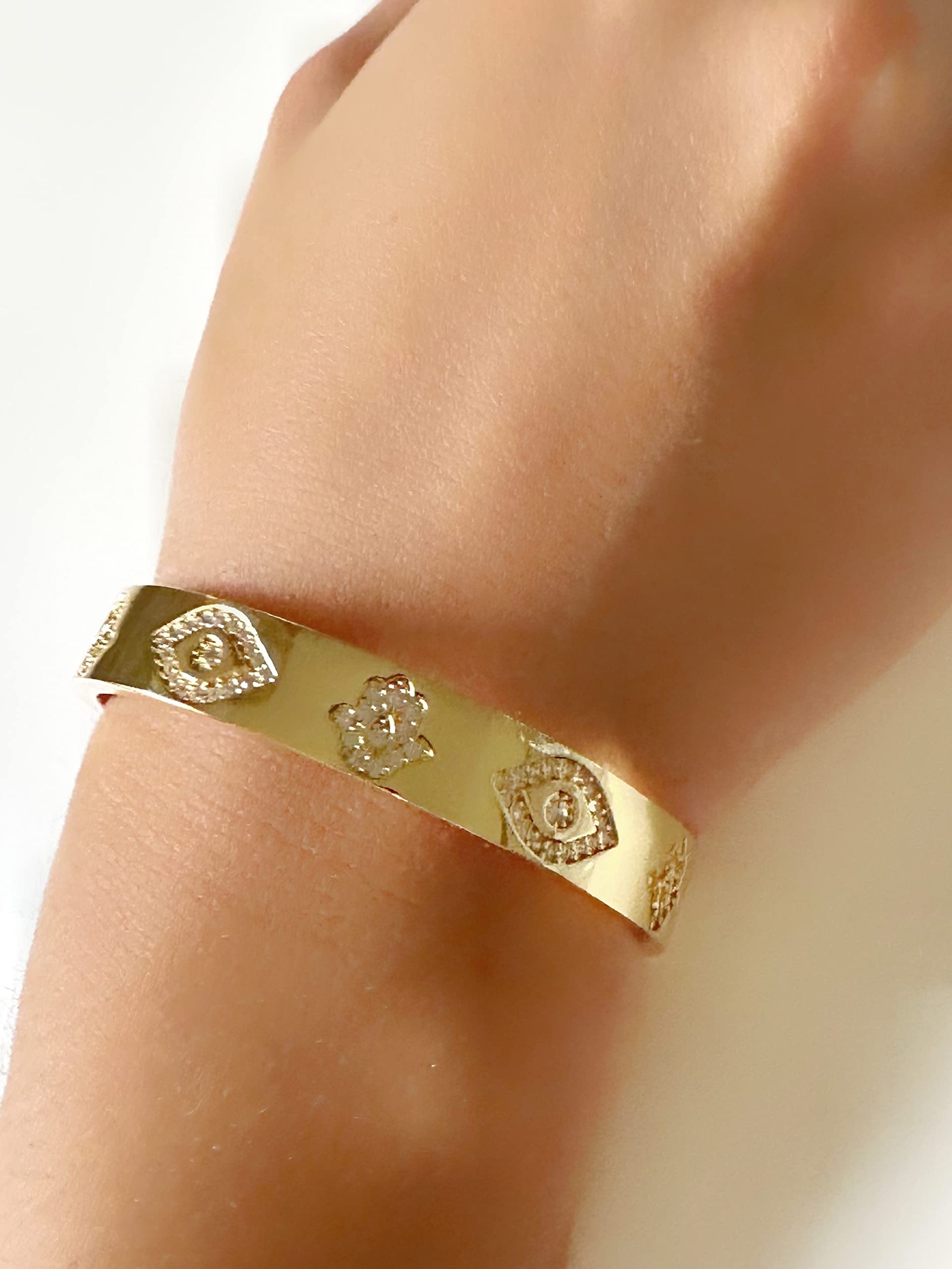 LESLIE BOULES Evil Eye & Hamsa Hand Cuff Bracelet For Women 18K Gold Plated Fashion Jewelry