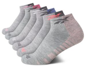 reebok women's quarter socks - 6 pack stretch performance arch support socks - soft cushioned athletic socks for women (4-10), size 4-10, grey pattern