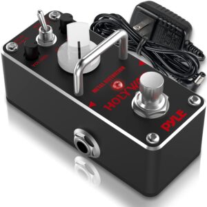 pyleusa metal distortion guitar effect pedal, mini digital analog effects for electric guitar and bass, true bypass, contour, volume and dist knobs, led indicator, includes adapter