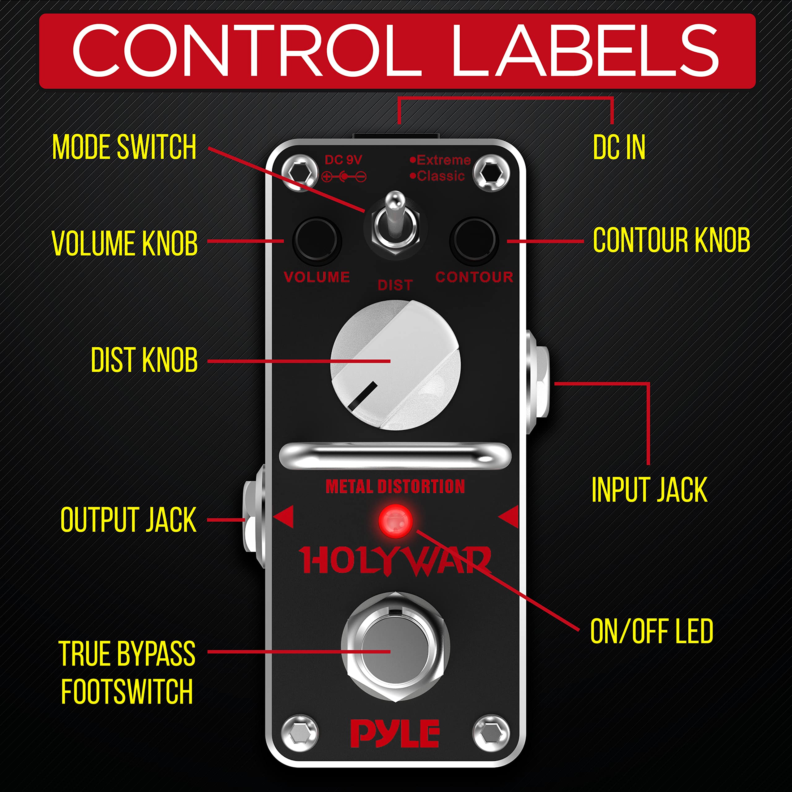 PyleUsa Metal Distortion Guitar Effect Pedal, Mini Digital Analog Effects For Electric Guitar And Bass, True Bypass, Contour, Volume And Dist Knobs, LED Indicator, Includes Adapter